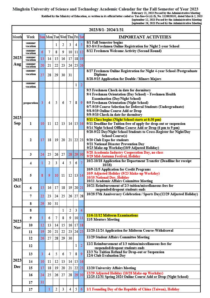 Minghsin University of Science and Technology Academic Calendar for the ...